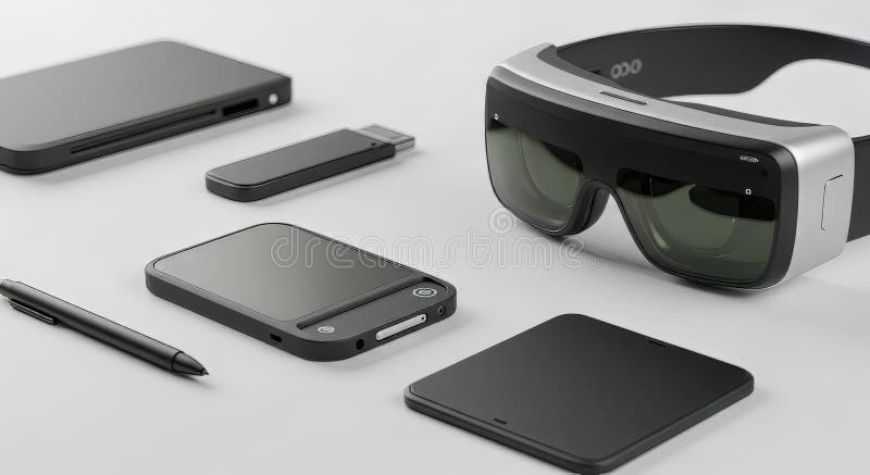 Digital Devices Arrangement with Augmented Reality Headset on White ...