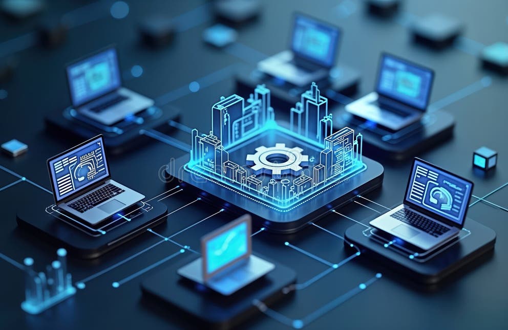 Digital Devices Connected Via Network. System Integration Concept Shown. Cityscape Graphic ...