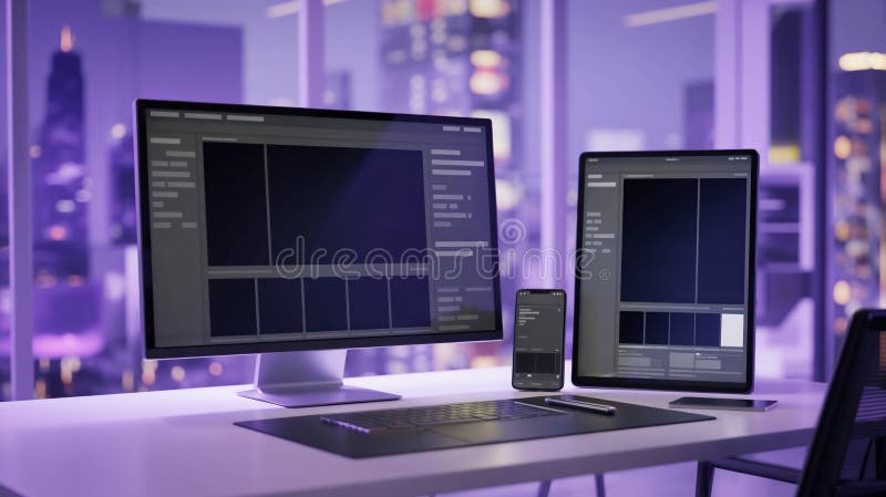 Digital Devices on Desk with Night City View. Office Workspace Stock ...