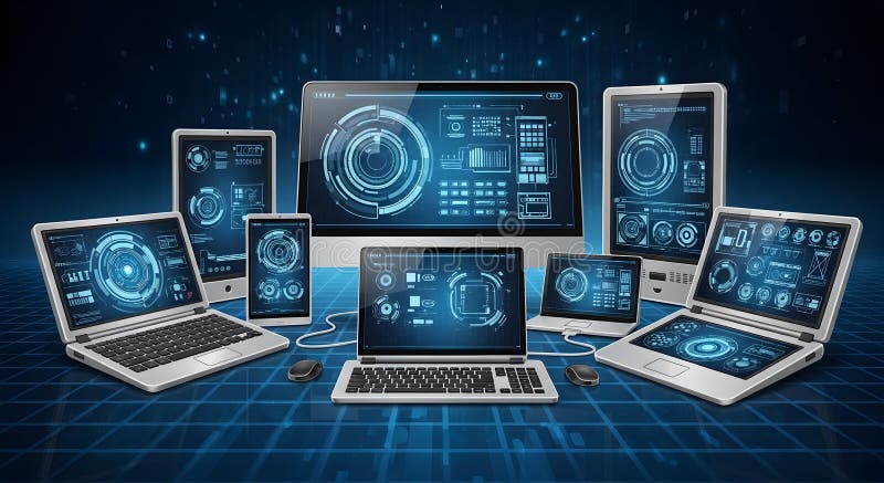 Digital Devices Displaying HUD Interfaces with Laptops, Tablets and ...