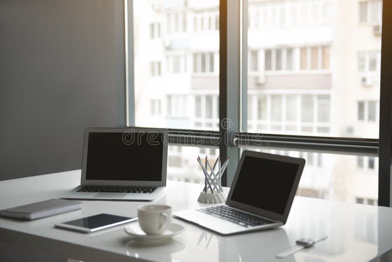 Digital Devices and Workbook on Desk Stock Photo - Image of desktop ...