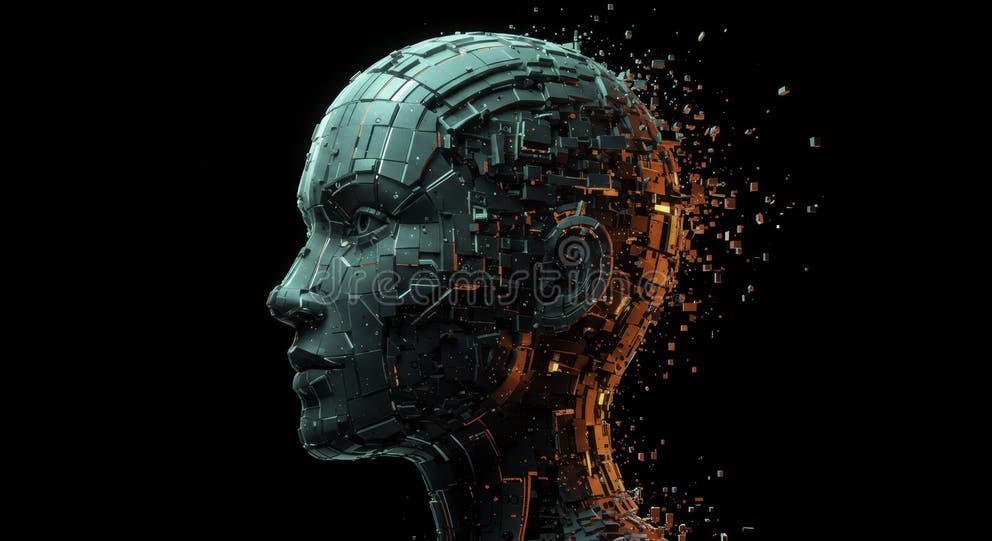 Digital Disintegration: Futuristic 3D Head Model Exploding into Cubes ...