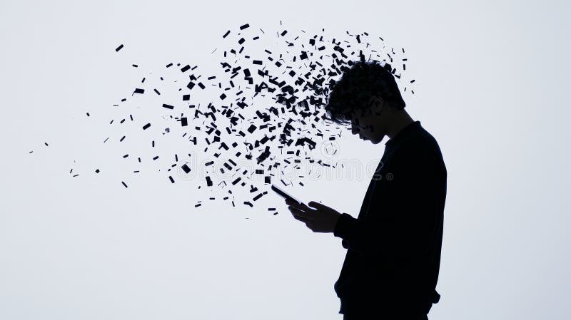 Digital Disintegration a Silhouette of a Person Head Disintegrating ...