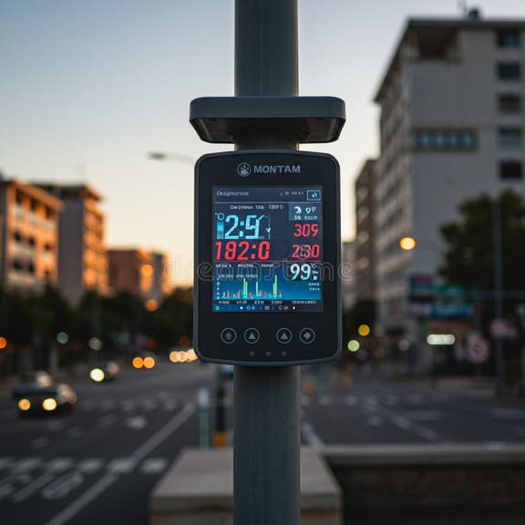 A Digital Display Device Mounted on a Pole, Showing Various Data ...