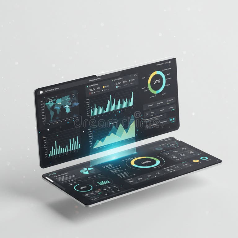 Digital Display Featuring Analytics Dashboards with Charts, Graphs, and Data Stock Illustration ...