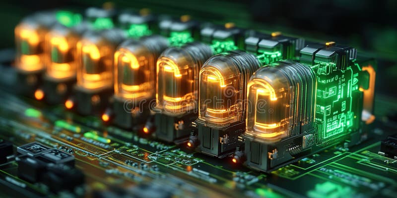 Digital Display of Glowing Tubes on a Circuit Board with Intricate ...