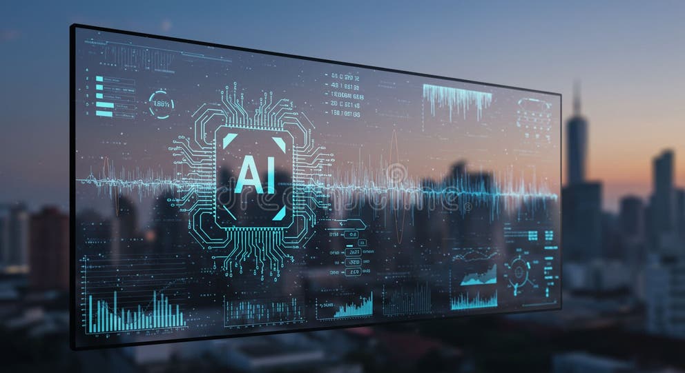 A Digital Display Overlays a Cityscape at Dusk, Showcasing Complex AI ...