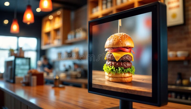 Digital Display in Restaurant Shows Double-decker Burger Menu ...