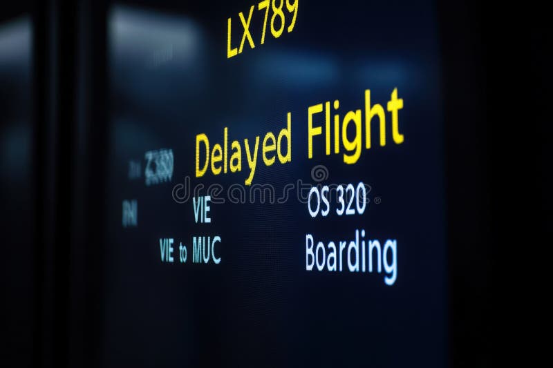 Digital Boarding Screen Announcing a Delayed Flight at the Airport ...