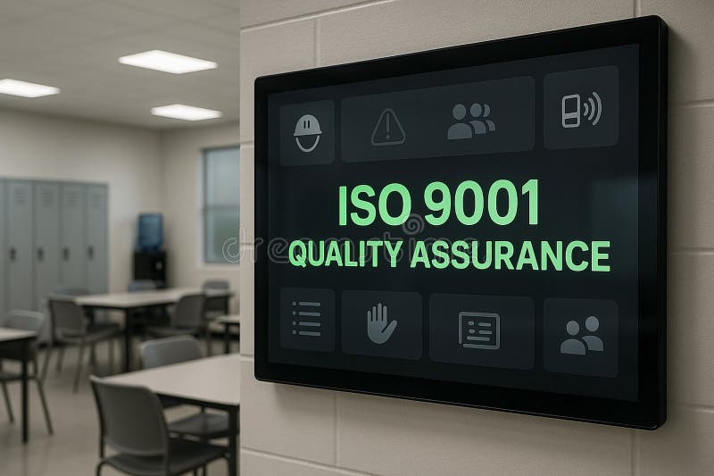 Digital Display Screen Showing ISO 9001 Quality Assurance Inside Clean ...