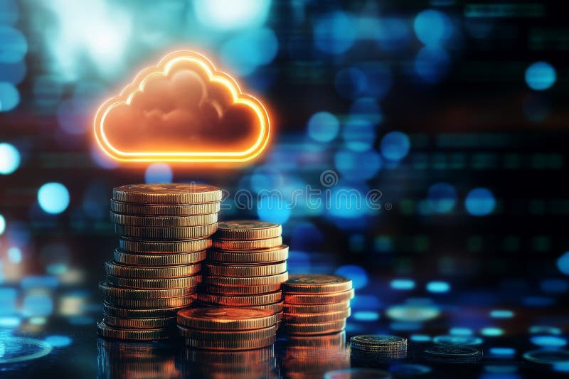 A Digital Display Showing Cloud Computing and Stacks of Coins ...