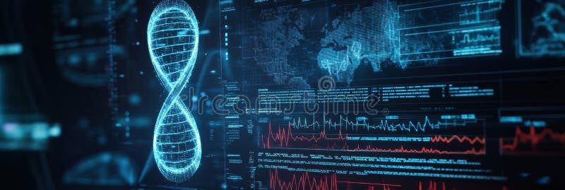 A Digital Display Shows a DNA Double Helix Alongside Genetic Data and ...