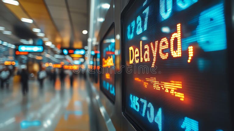 Digital Display Shows Train Delay at a Busy Transit Station, with ...