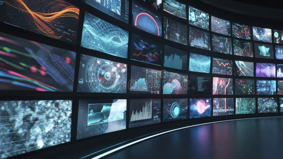 The Digital Display Wall Showcasing Advanced Data Analytics in a Futuristic Setting. AI ...