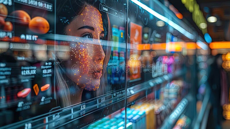 Digital Display with Womans Face Reflecting in a Store Stock Image ...