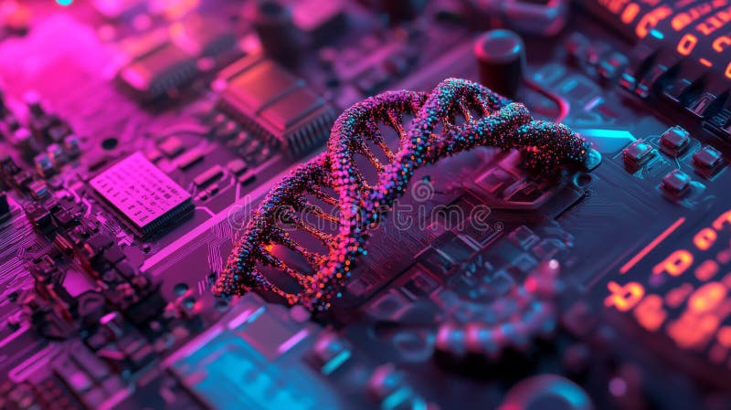 A Digital DNA Helix Appears Emerging from a Microchip, Framed by Binary ...