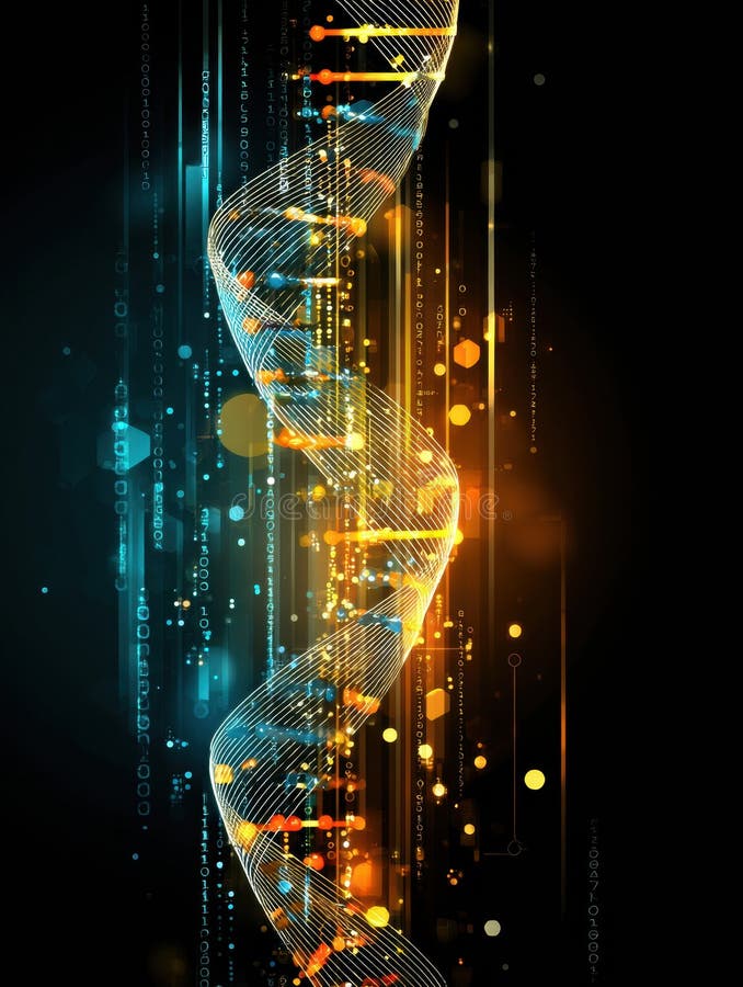 Digital DNA Helix Formed by Vibrant Lights and Intricate Binary Code ...