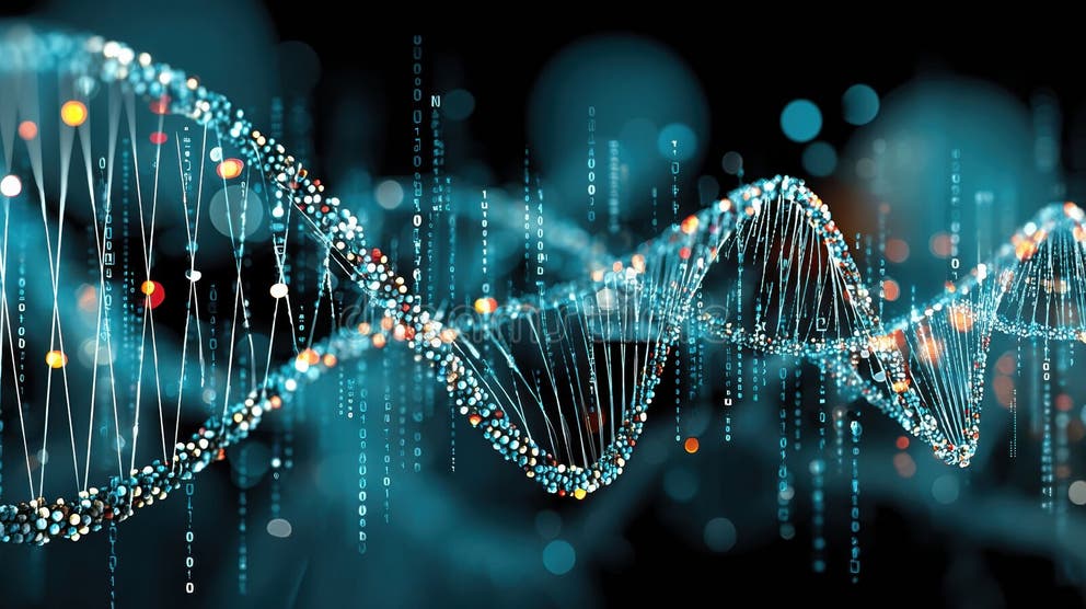 Digital DNA Helix Illuminated by Lights and Binary Code Representing ...