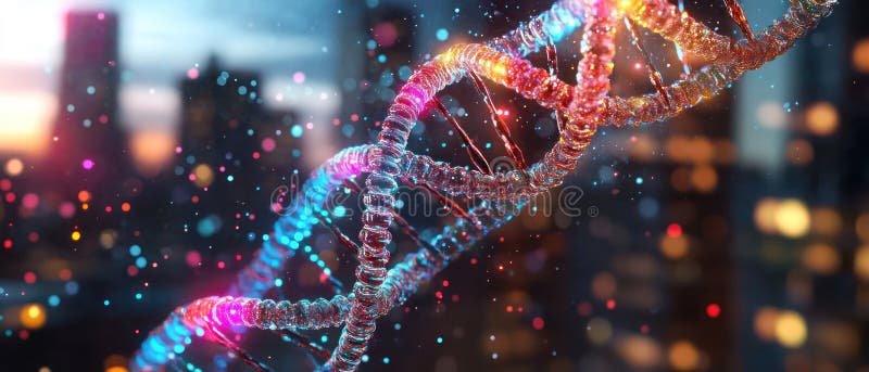 Digital DNA Strands Glowing in Vibrant Cityscape, Symbolizing Science ...
