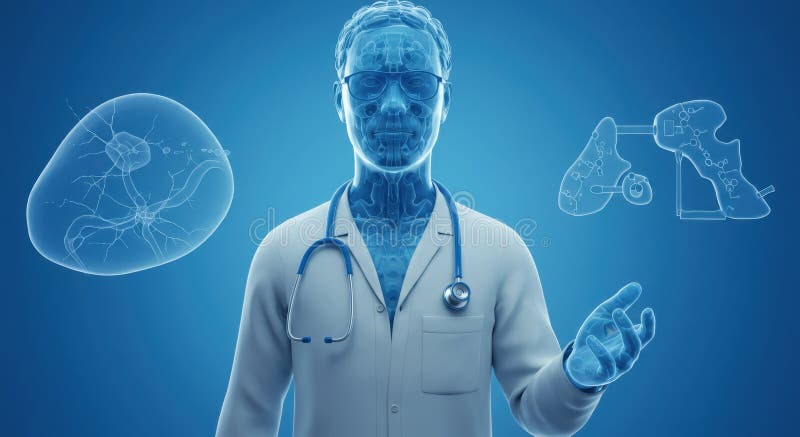 Digital Doctor Examining Holographic Cellular Data Stock Illustration ...
