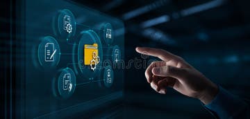 Digital Document Management System on Interactive Screen. Hand Touching ...