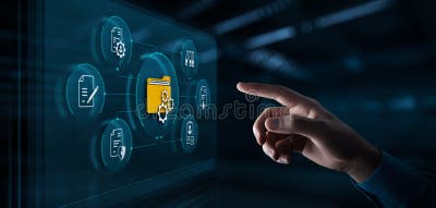 Digital Document Management System on Interactive Screen. Hand Touching ...