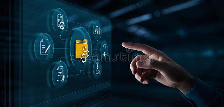 Digital Document Management System on Interactive Screen. Hand Touching ...