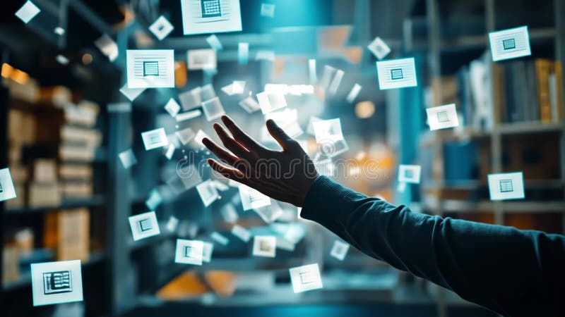 Abstract Digital Document Icons Floating in a Modern Office Space ...