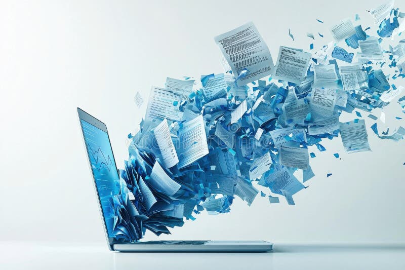 Digital Documents Flying Out of a Laptop in a Dramatic Scene Stock ...
