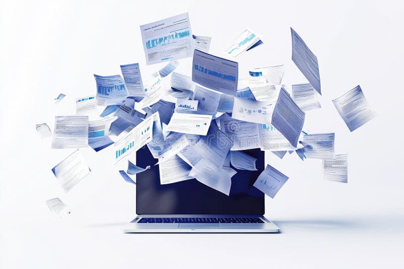 Digital Documents Flying Out from a Laptop in an Office Setting Stock ...