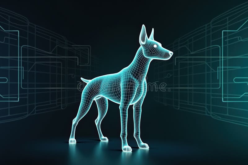 Digital Dog Wireframe Model in Futuristic Virtual Environment. AI ...