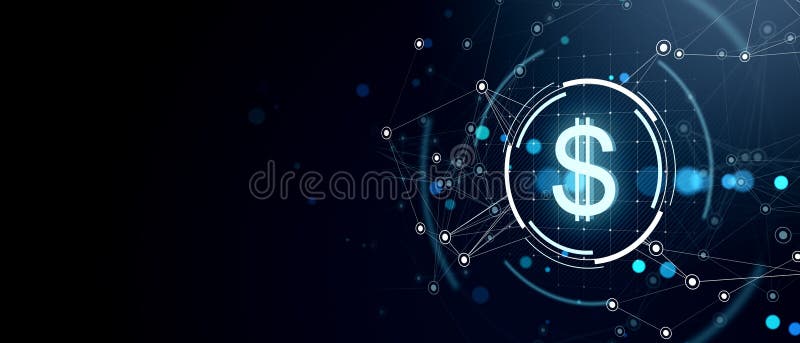 Digital Dollar Sign with Network Connections on Dark Neon Blue ...
