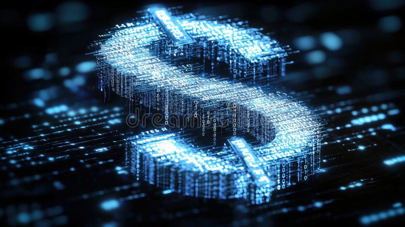 Digital Dollar Symbol with Binary Code and Data Streams in Futuristic ...