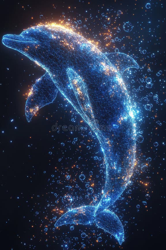 Digital Dolphin Artwork with Glowing Light Patterns Underwater Stock ...