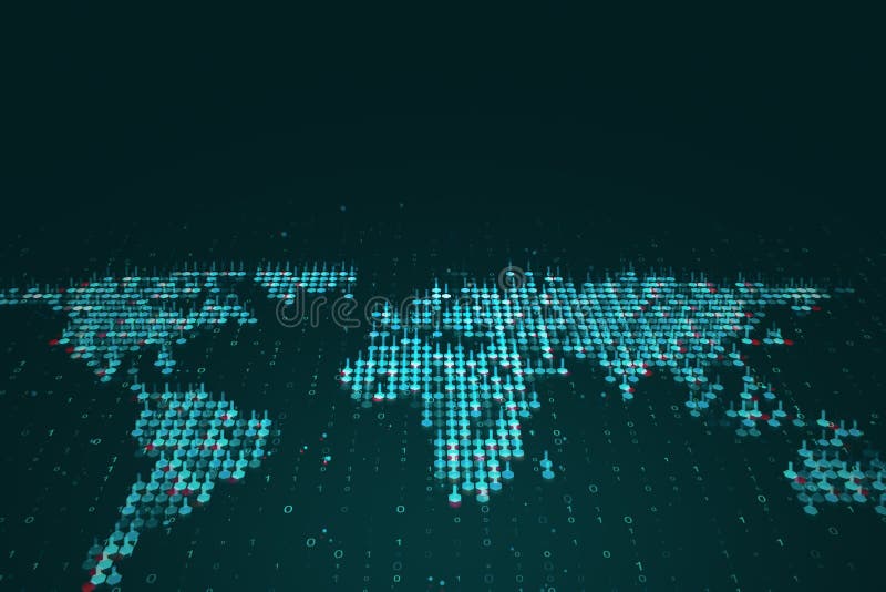 Digital Dots World Map on Binary Code Background Stock Illustration - Illustration of ...