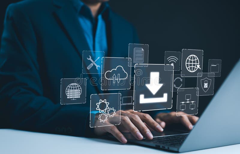Digital Download and Data Storage Technology. Businessman Using Laptop ...