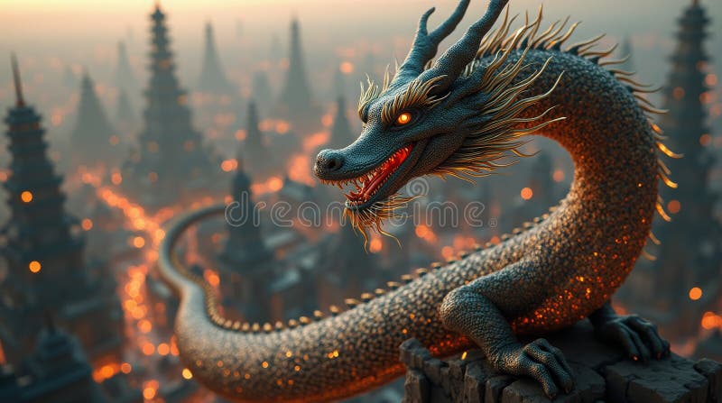 Digital Dragon on Tech Surface, Embodying the Intersection of Fantasy ...