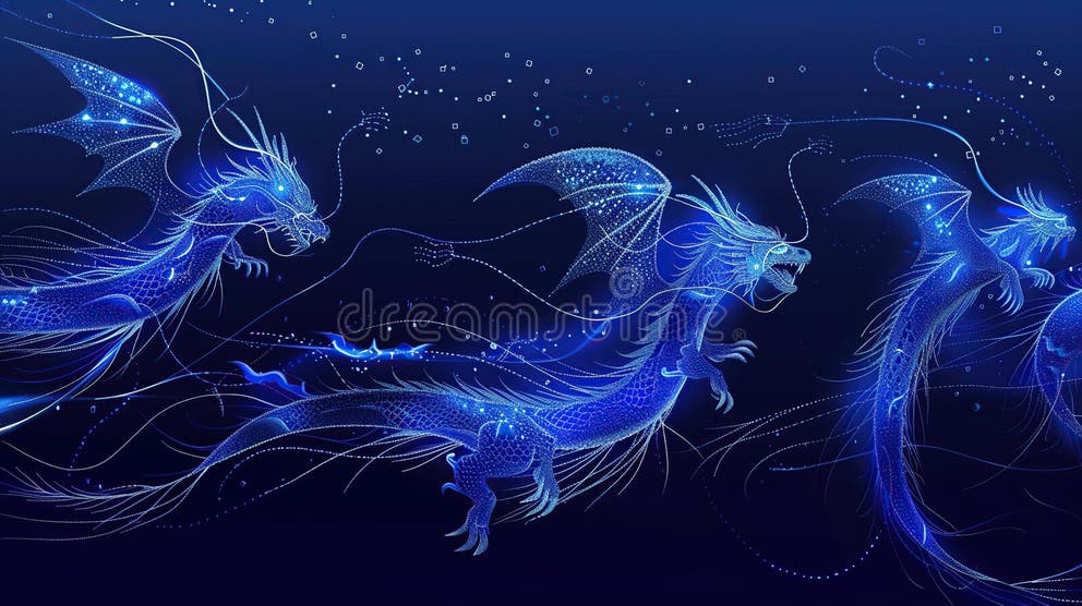 Digital Dragons: a Blue Nebula of Mythical Creatures Stock Illustration ...