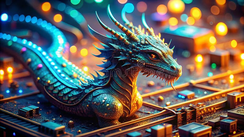 A Digital Dragons Dream Illuminated Mythical Creature Amidst a Complex ...