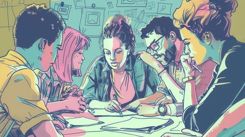 Digital Drawing of a Diverse Team Brainstorming Ideas Together in a ...
