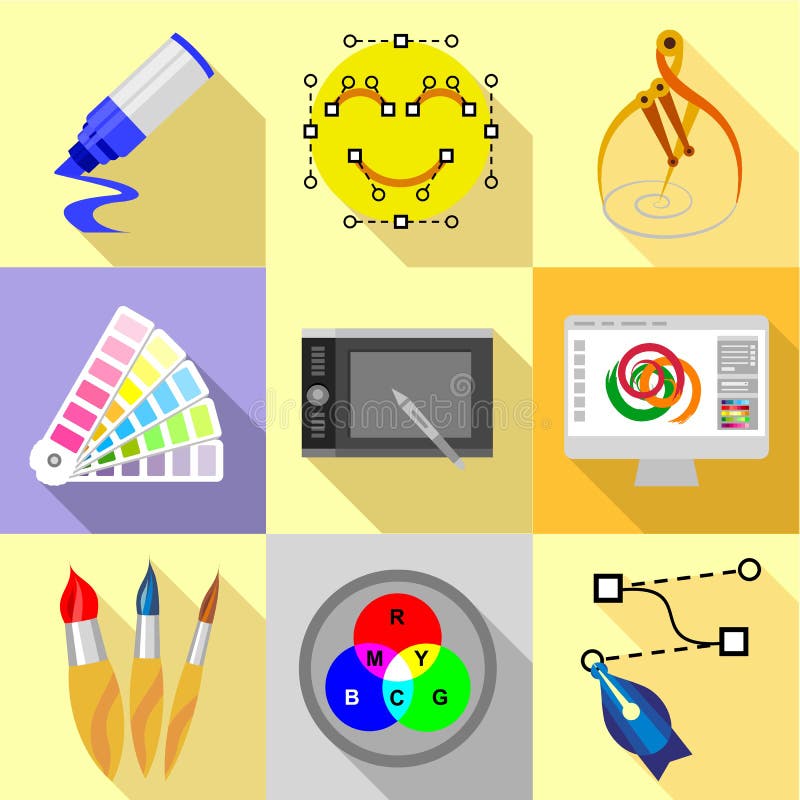 Digital Drawing Icons Set, Flat Style Stock Vector - Illustration of ...