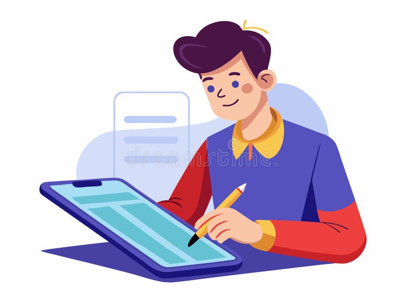 Digital Drawing Illustration Man Using Graphics Tablet Stock Vector ...