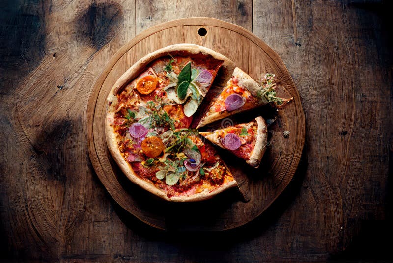 Digital Drawing Pizza Served on Wooden Background Top View. Generative ...