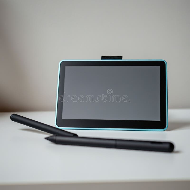 Digital Drawing Tablet with a Black Stylus Pen Resting on a White ...