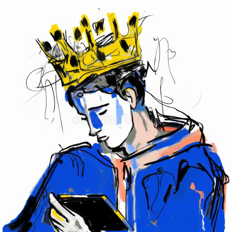 Digital Neo-expressionism: King Reading Book in Yellow and Blue Stock ...
