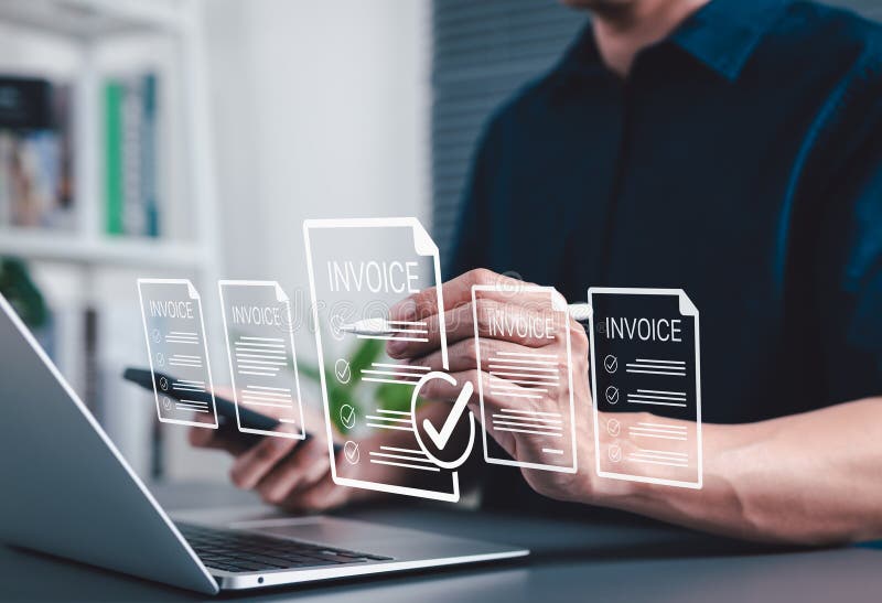 Digital E-Invoice and Billing Management Concept. Businessman Using ...