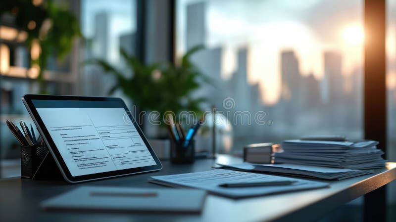 Digital E-invoice Displayed on Tablet. Modern Office Setup with Clean ...