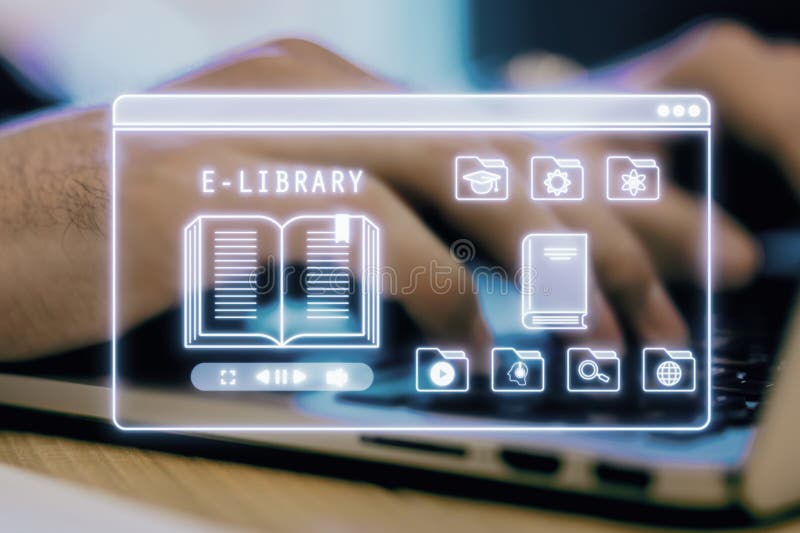 Digital E-Library Interface on Laptop Screen with Icons and Book Symbol ...
