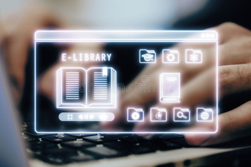Digital E-Library Interface with Neon Icons on Laptop Screen Stock ...