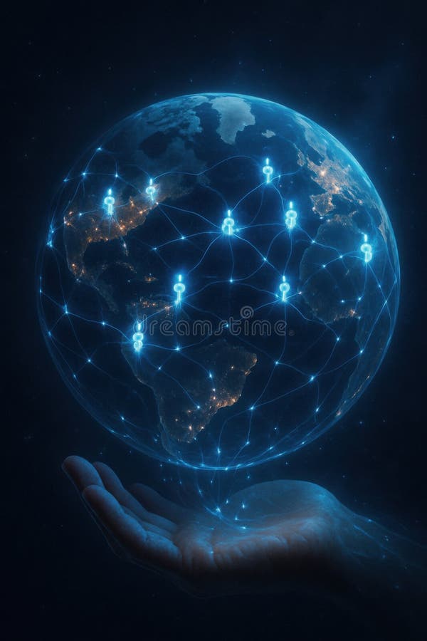 A Digital Earth Floats Above a Hand, Connected by Glowing Nodes ...